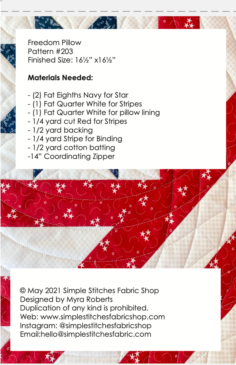 Freedom Pillow Paper Pattern – Simple Stitches Fabric Shop, LLC