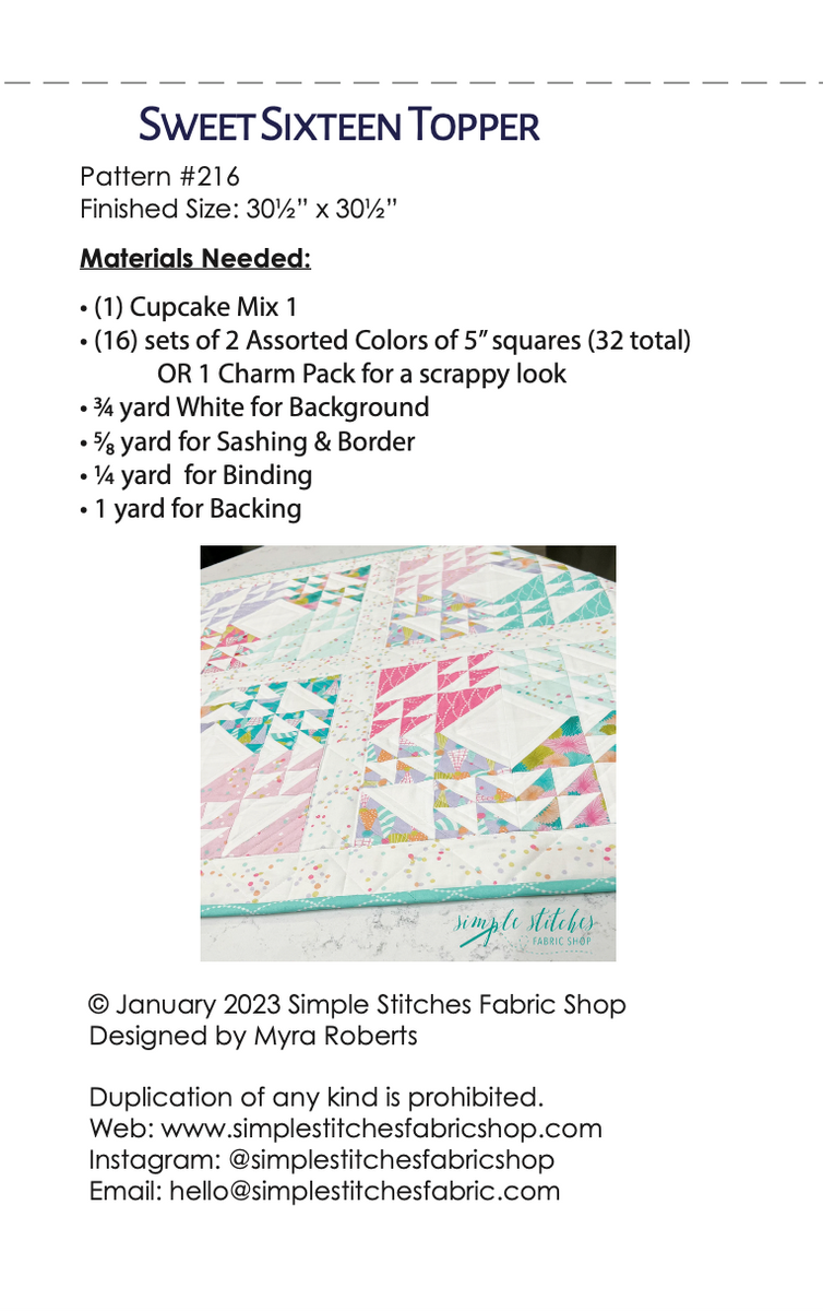 Sweet Sixteen Topper Quilt PDF Pattern – Simple Stitches Fabric Shop, LLC